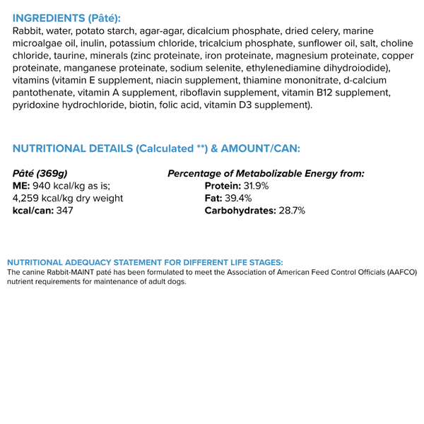 Rabbit-MAINT Canned Paté Dog Food - Rayne Canada